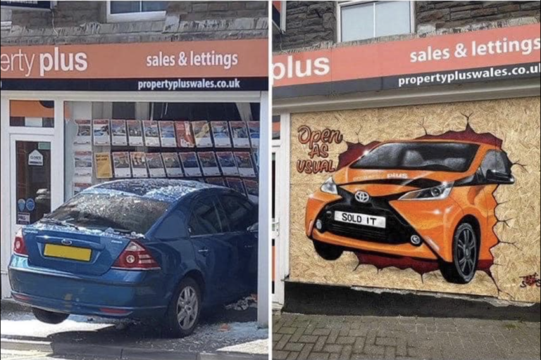 Watch: The brilliant mural that appeared after car crashed through window