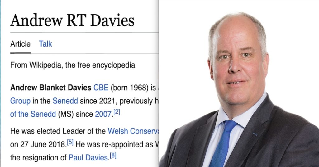 Andrew RT Davies' Wiki page is edited with 'Blanket' middle name