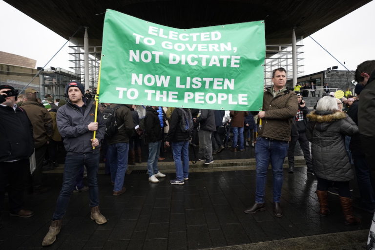 Farmers gather in mass protest outside the Senedd in Cardiff Bay